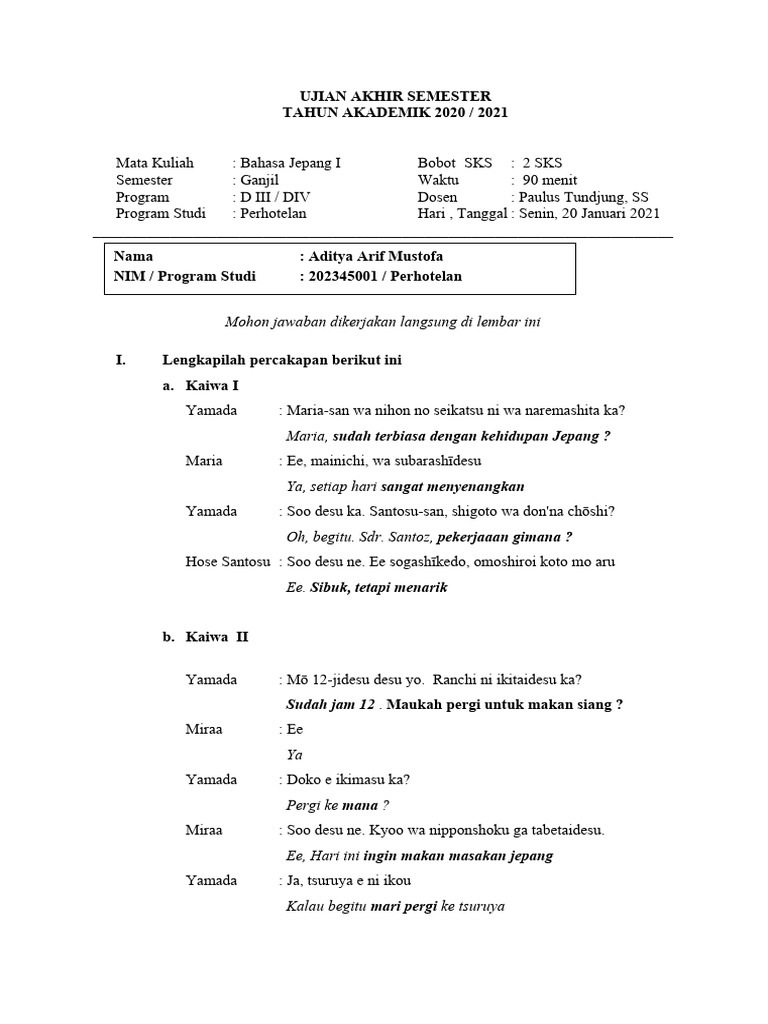 Ujian Bahasa Jepang I Perhotelan | PDF | Seni & Disiplin Bahasa