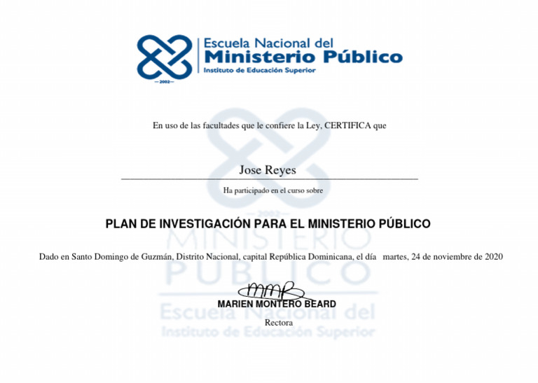Certificado PLAN DE INVESTIGACIN PARA EL MINISTERIO PBLICO | PDF