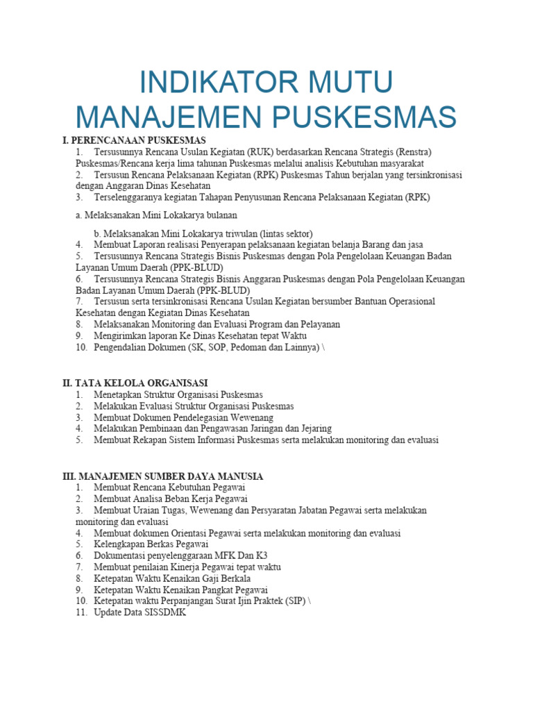 Indikator Mutu Manajemen Puskesmas | PDF