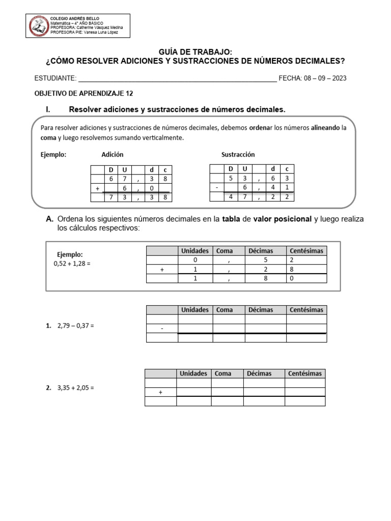 Guía para Sumar y Restar Decimales | PDF | Matemáticas