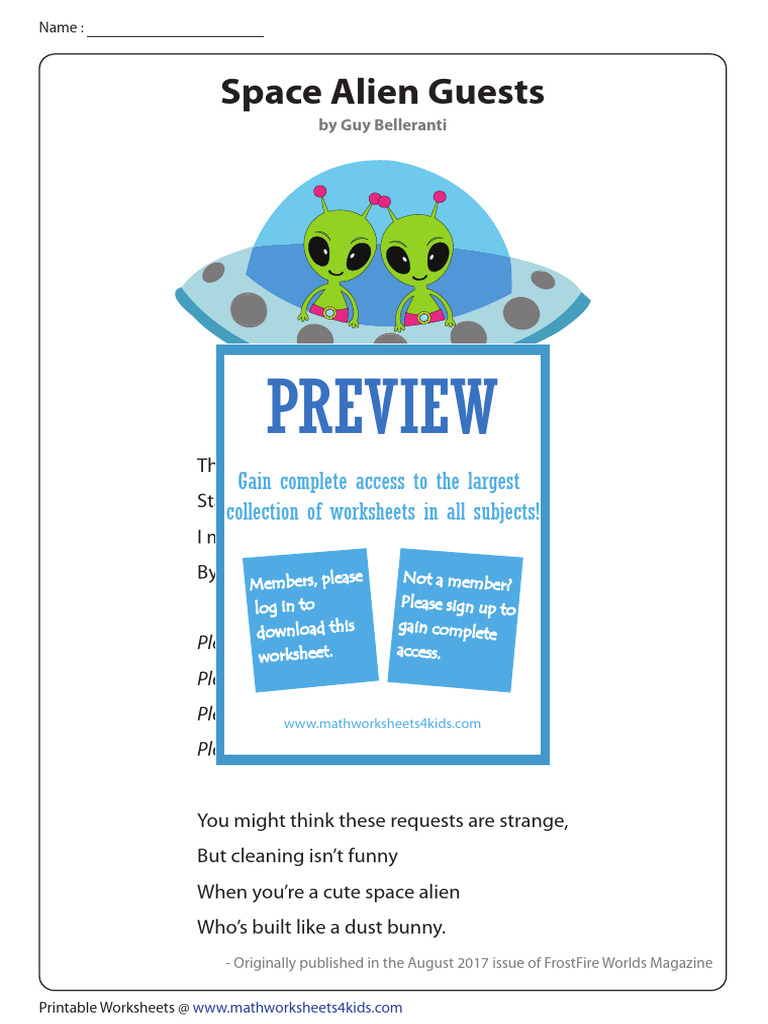 Space Alien Guests Poem Worksheet | PDF | Domestic Life | Domestic ...