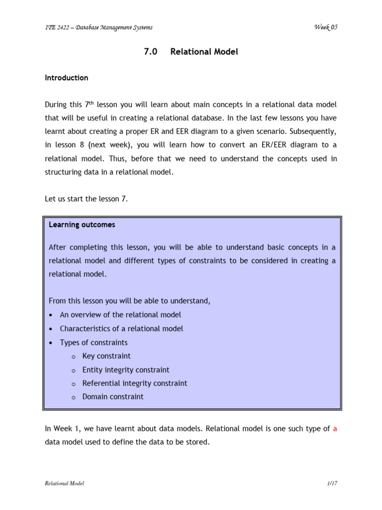 BITWeek5 - L7 - ITE2422 V2 | PDF | Relational Database | Relational Model