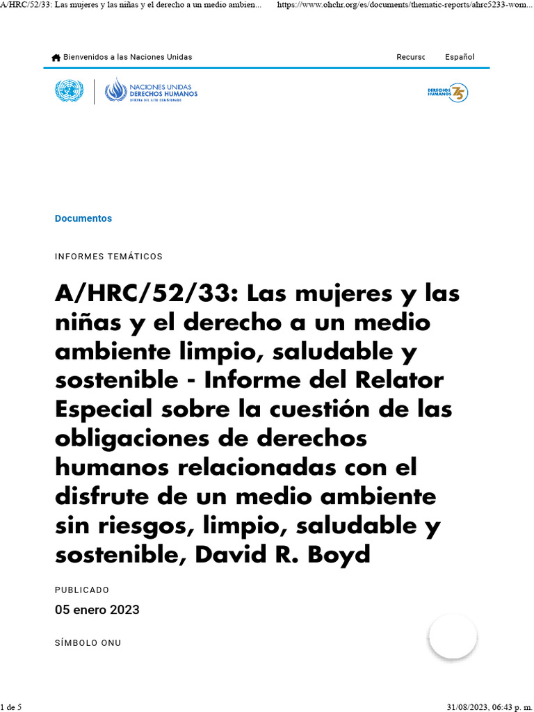 A HRC 52 33 Las Mujeres Y Las Ni as Y El Derecho A Un Medio