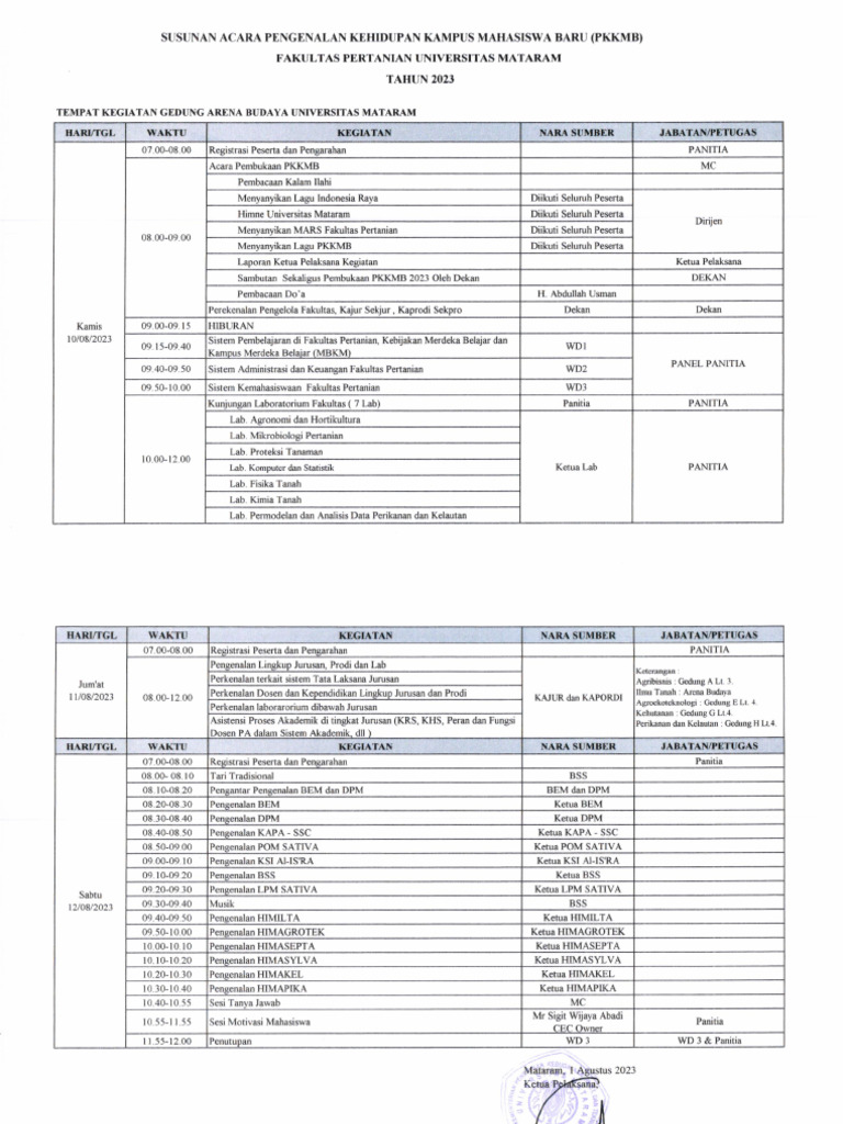 Jadwal Acara PKKMB Faperta Unram 2023 | PDF