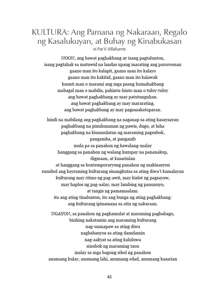 Kultura Ang Pamana NG Nakaraan Regalo NG Kasalukuyan at Buhay NG Kinabukasan Tula | PDF