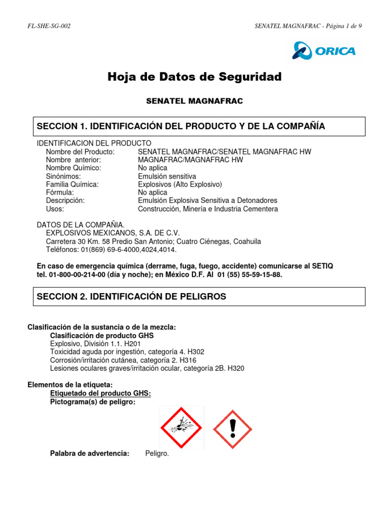 Hoja de Seguridad SENATEL MAGNAFRAC | PDF | Agua | Solubilidad