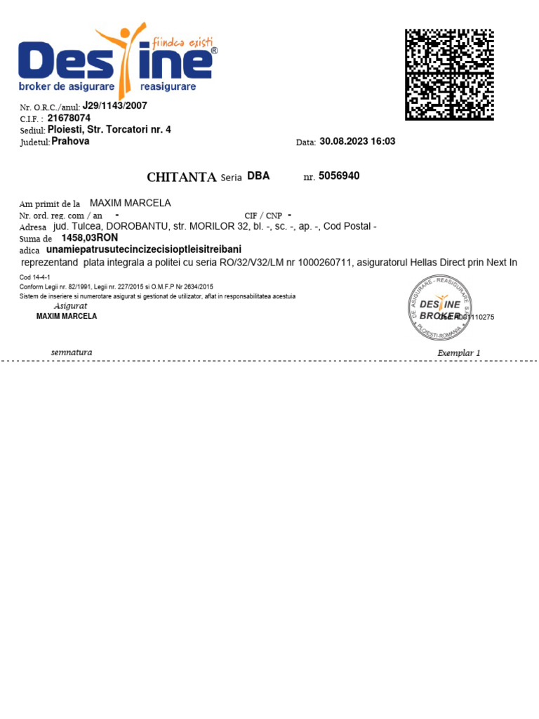 Hellas Direct Prin Next Ins Pro - RCA - 1000260711 - Incasare - 0 | PDF