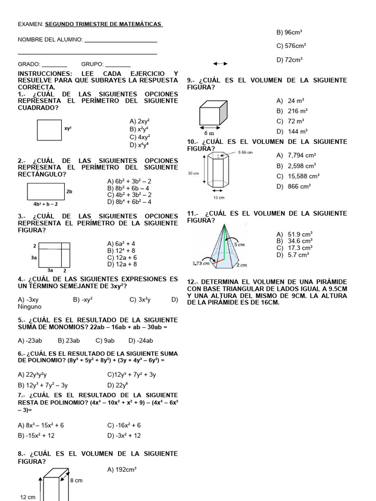 Examen Segundo Grado Matematicas | PDF | Matemáticas