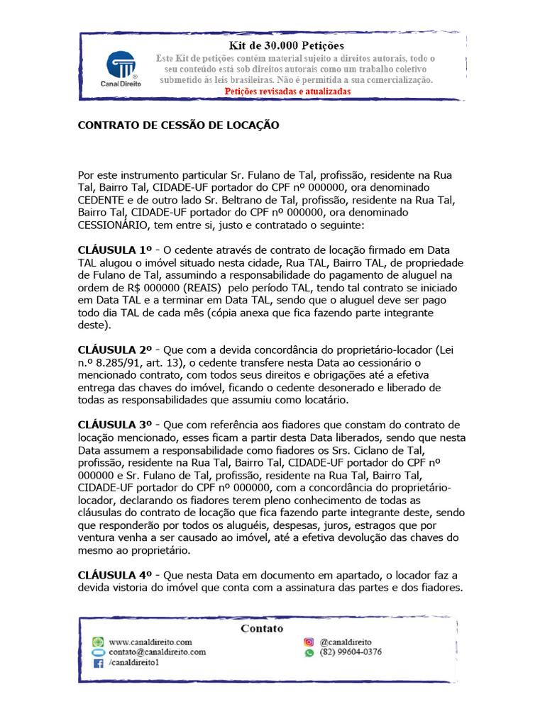 Modelo De Contrato De Cessão De Locação Pdf Aluguel Direito Civil