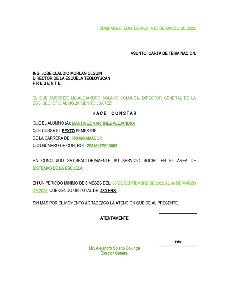 EJEMPLO CARTA DE TERMINACIÓN ET 2022 Yaa | PDF