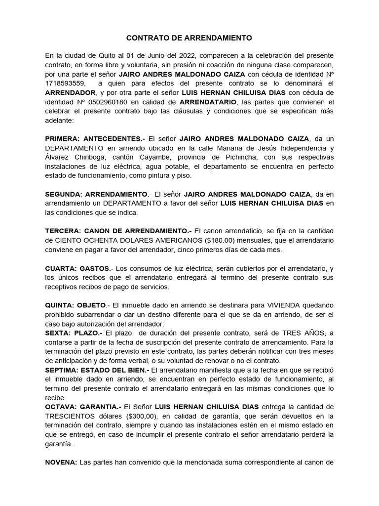 Contrato de Arrendamiento Departamento | Descargar gratis PDF | Derecho privado