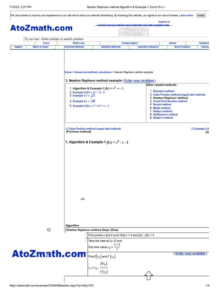 Newton Raphson Method Algorithm And Example 1 F X X 3 X 1 Pdf 3738