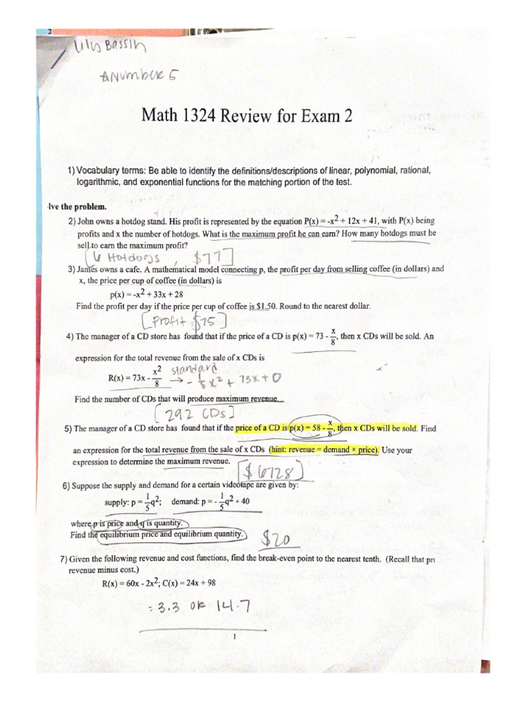 Math 1324 Review For Exam 2 | PDF