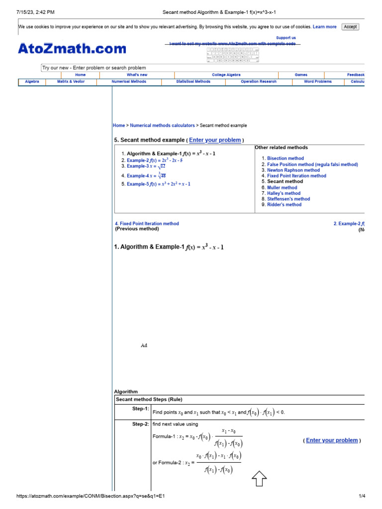 Secant Method Algorithm & Example-1 F (X) X 3-X-1 | PDF | Mathematics ...