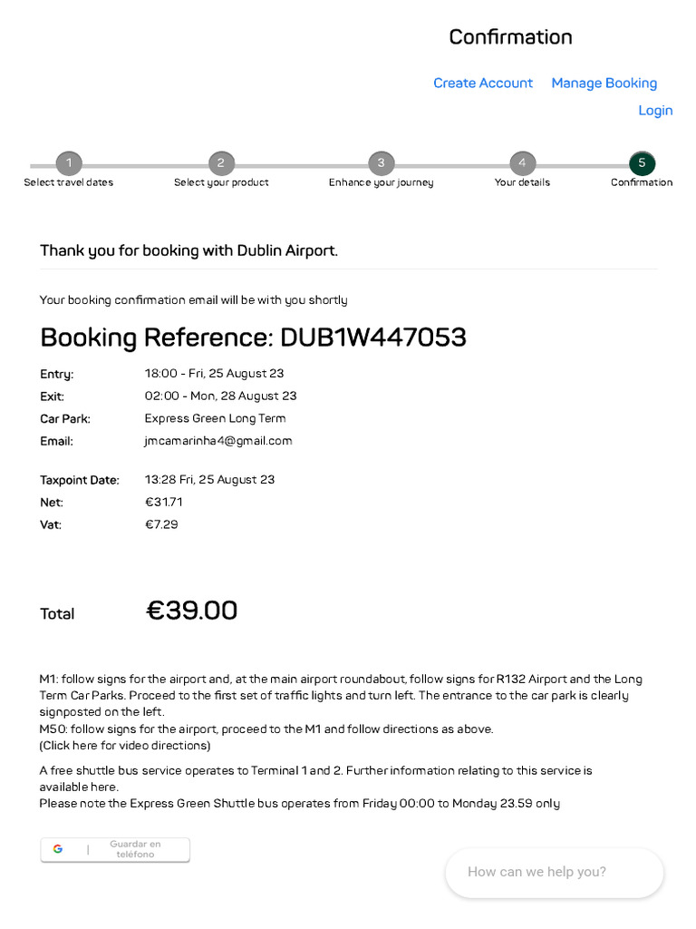 Dublin Airport Booking Confirmation | PDF | Transport