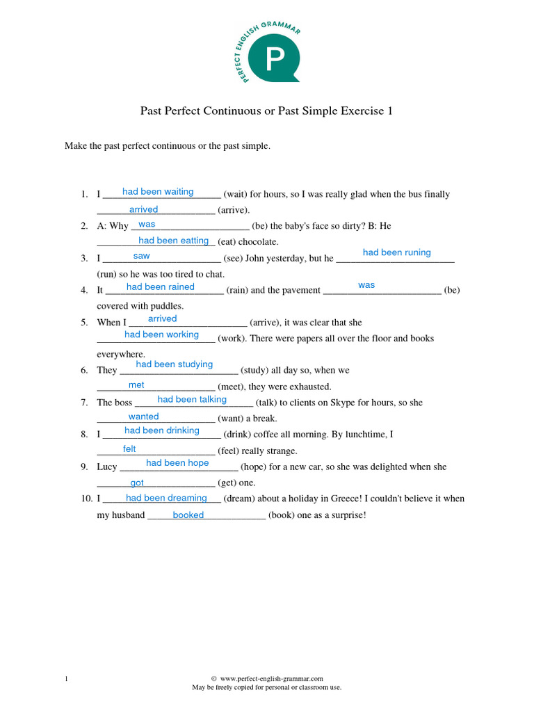 Past Perfect Continuous vs Simple Exercise | PDF | Language Arts ...