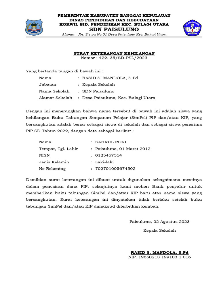 Contoh Surat Kehilangan Buku Rekening Pip | PDF