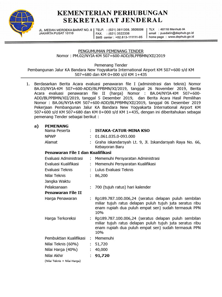 Pengumuman Pemenang Tender Pekerjaan Pemb. Jalur KA Bandara NYIA KM 507+600 SD KM 507+680 Dan KM ...