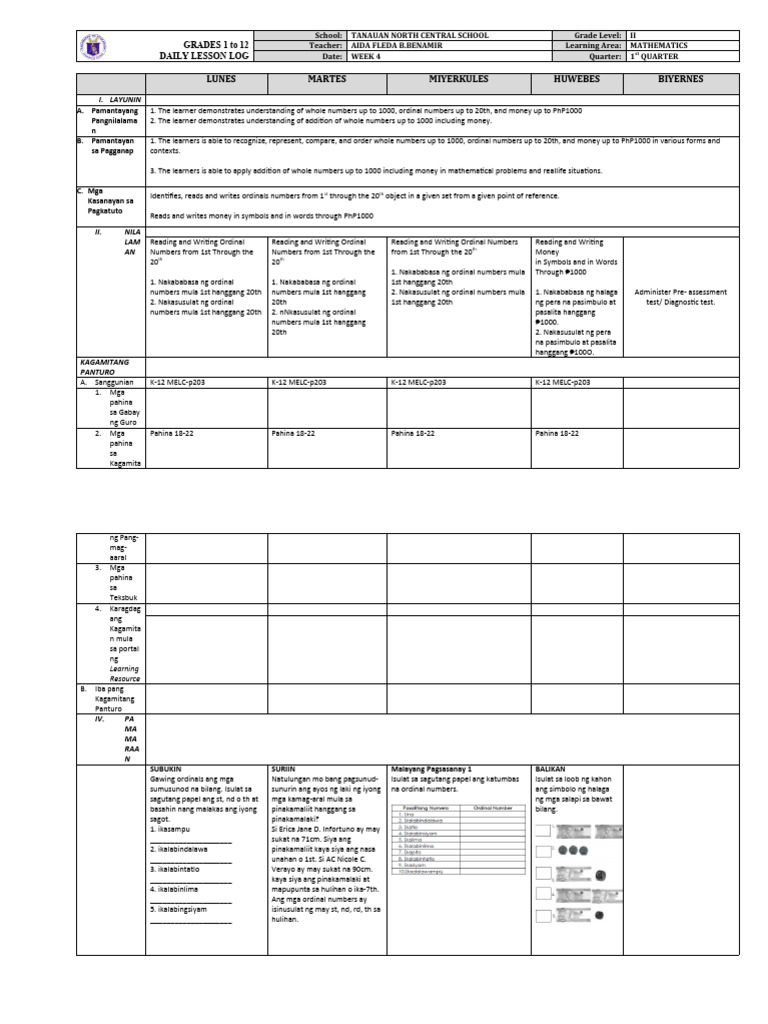 DLL_MATHEMATICS-2_Q1_W4 (1) | PDF | Learning | Cognition