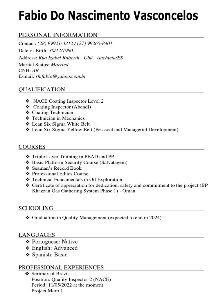 Fabio Vasconcelos: Coating Inspector CV | PDF | Business | Technology ...