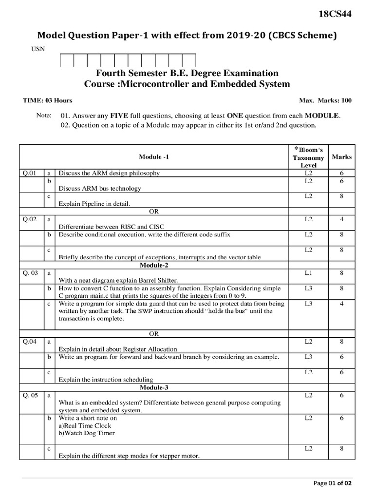 Be Cs 4 Sem Microcontroller and Embedded System p1 18cs44 2020 | PDF