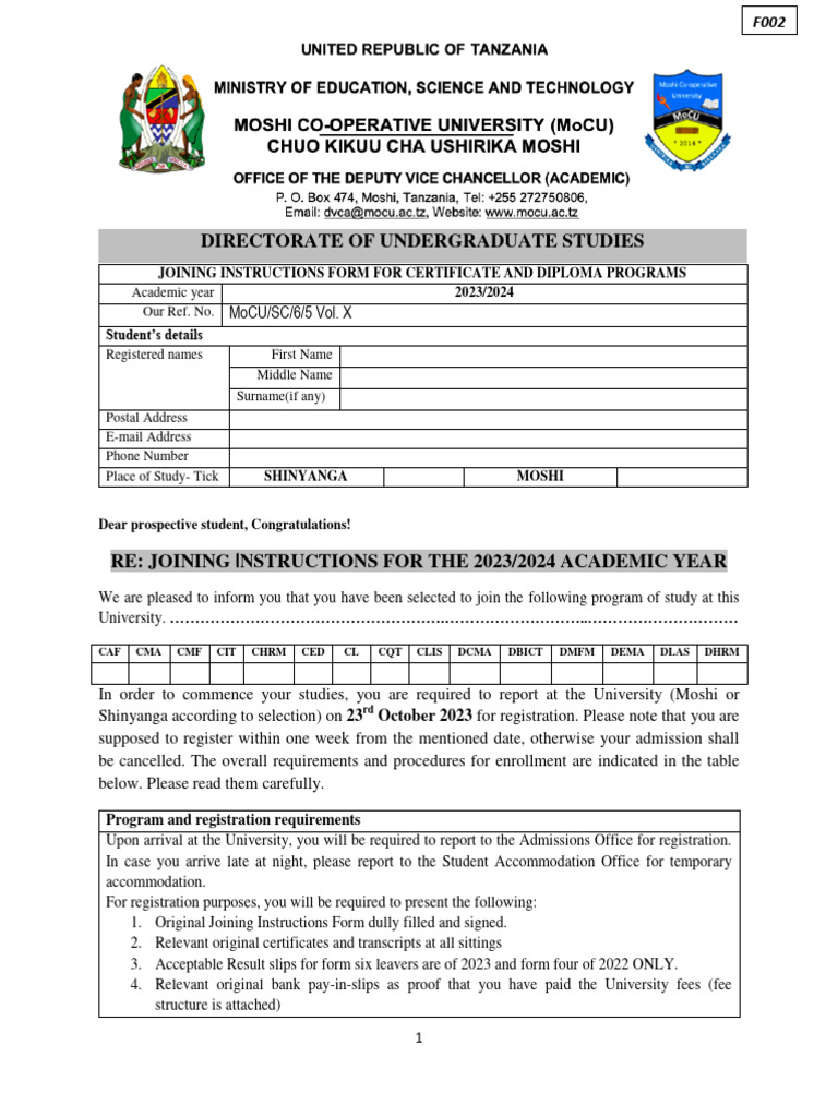 Joining Instructions Form For Certificate and Diploma Programmes 2023 2024 1 | PDF | Fee ...