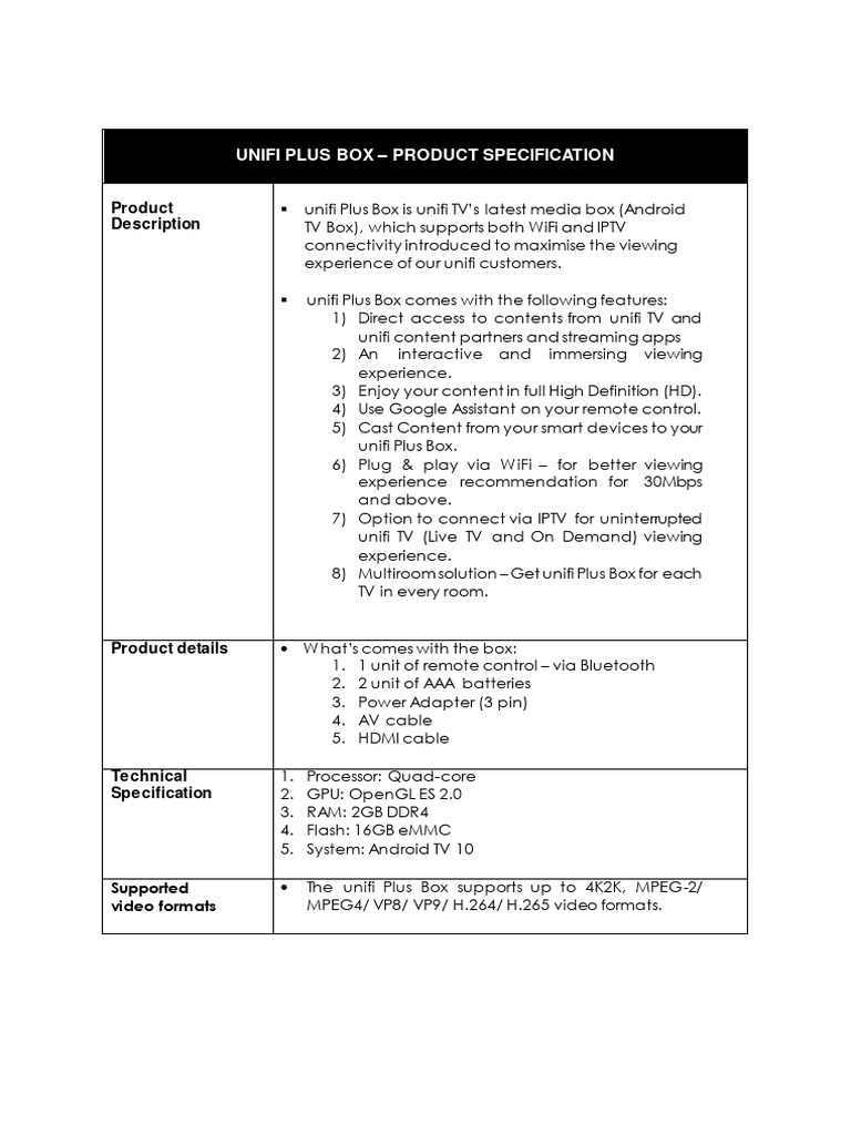 Unifi Plus Box - Product Specification - v2 | PDF Unifi Plus Box - Product Specification - v2 | PDF