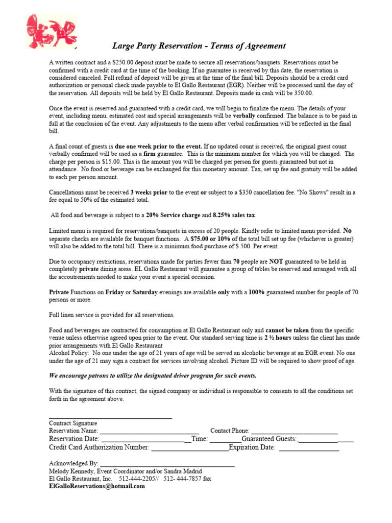 Large Party Reservation Form-Terms of Agreement | PDF | Fee | Credit Card