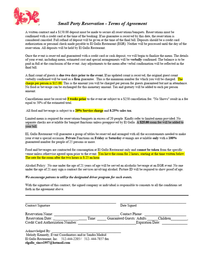 Small Party Reservation - Terms of Agreement | PDF | Fee | Credit Card