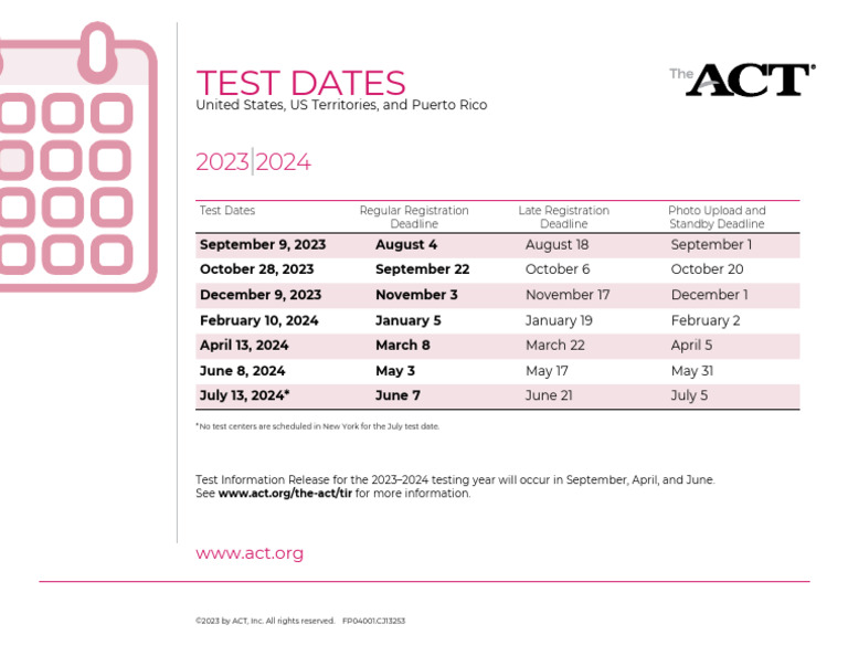 ACT Test Dates 2023-2024 Schedule | PDF | Technology & Engineering