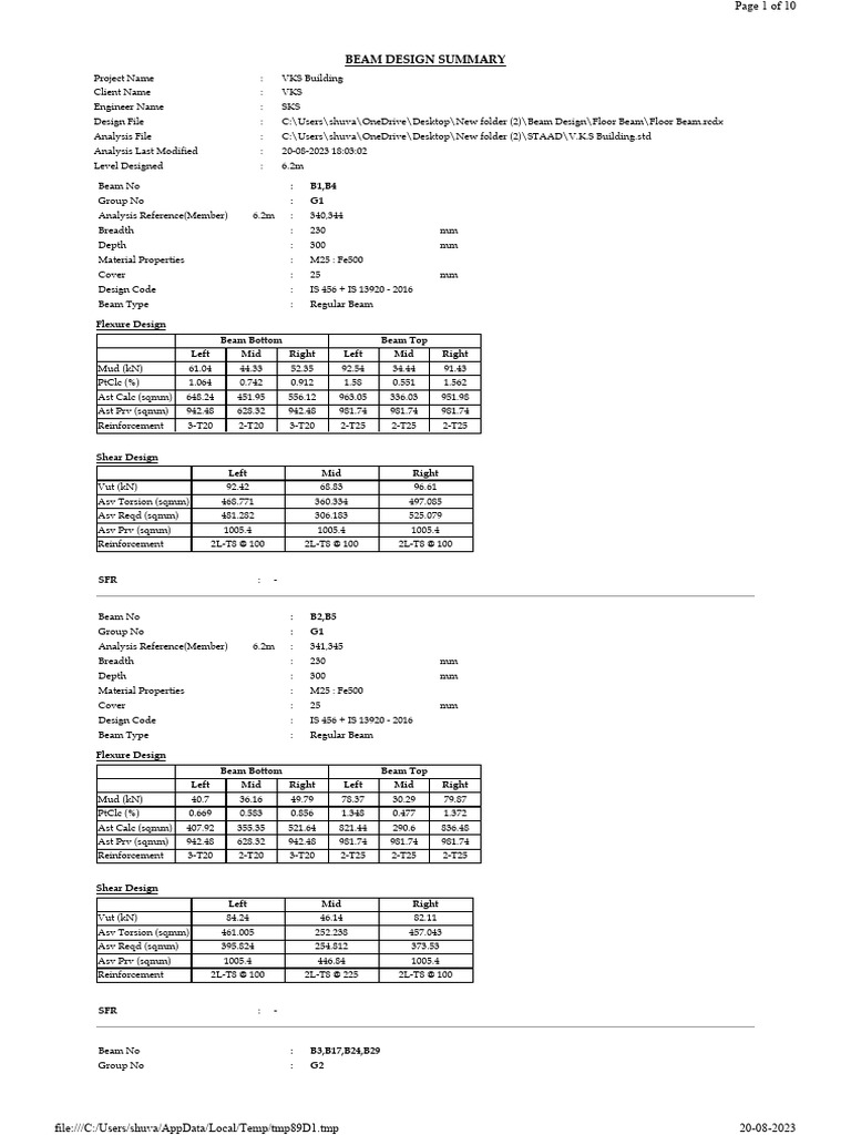 FB Design Summary | PDF | Beam (Structure) | Bending