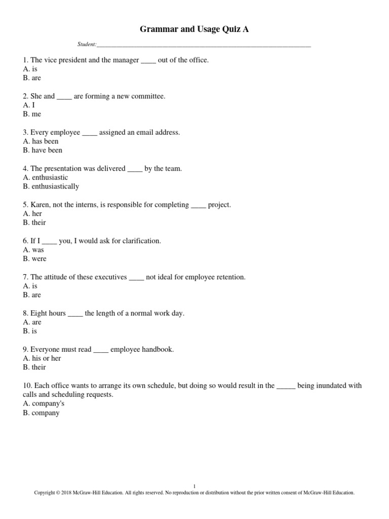 Grammar and Usage Student Quiz A | PDF | Punctuation | Comma