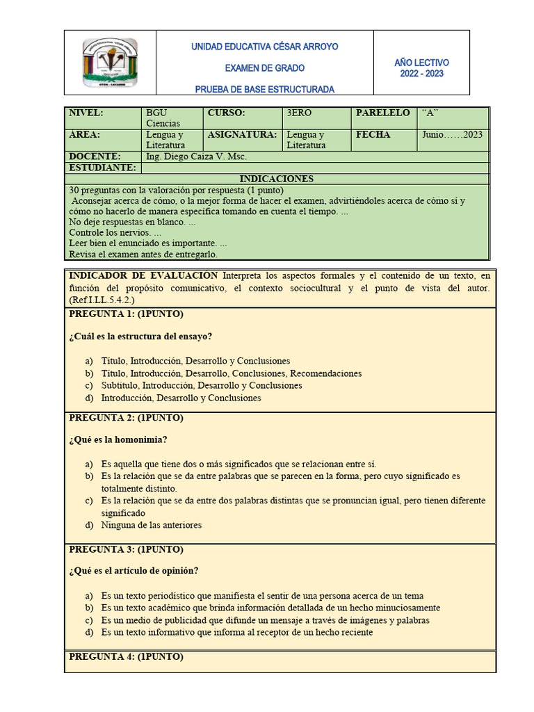 EJEMPLO Prueba de Cbase Estructurada (1) | PDF | Puntuación | Información