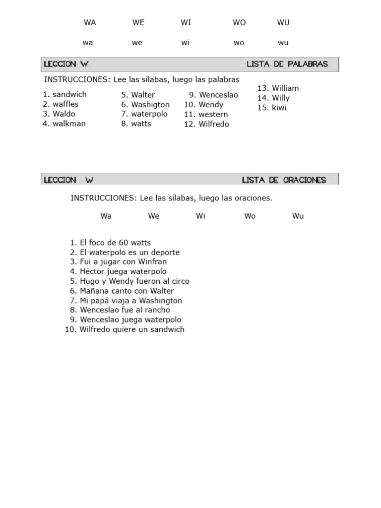 Palabras y oraciones con sílabas W | PDF