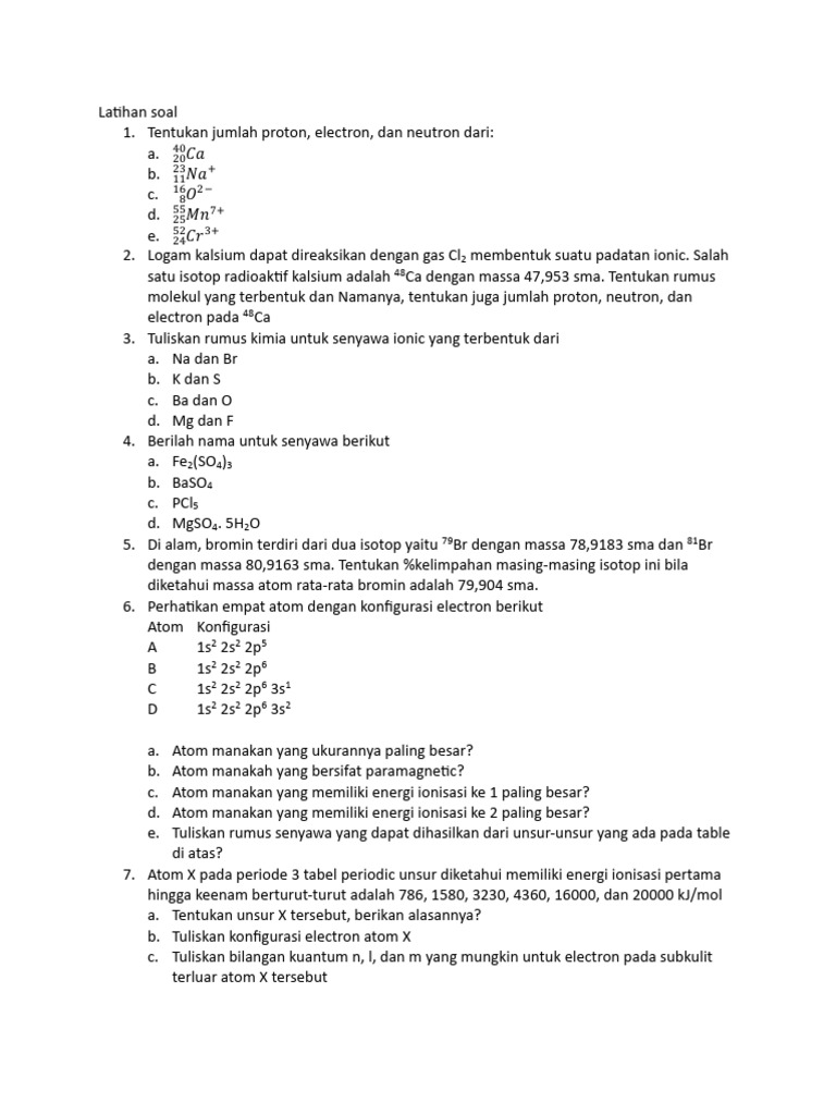 Latihan Soal Kimia Dasar 1 Struktur Atom Dan SPU | PDF