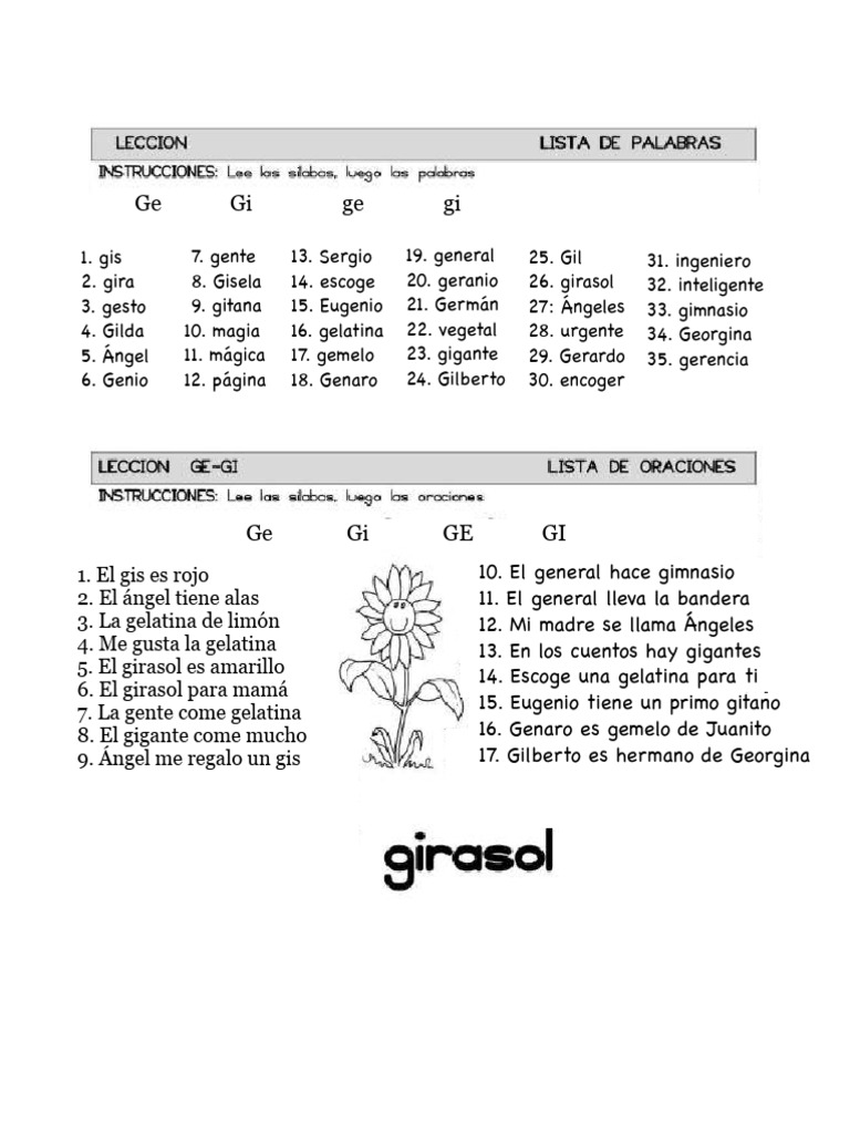 Palabras y Actividades con Ge y Gi | PDF