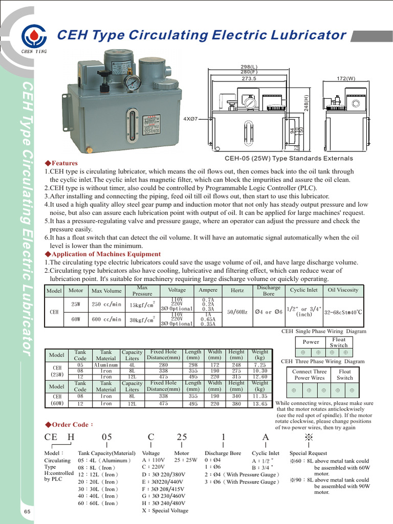 CEH Type Circulating Electric Lubricator: H CE 1 05 C A 25 | PDF | Pump ...