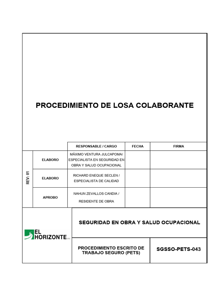 Sgsso-Pets-043 Procedimiento de Losa Colaborante v01 | PDF | Hormigón