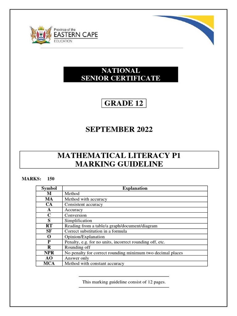 Mathematical Literacy p1 Sep 2022 Memo Eastern Cape | PDF | Multiplication