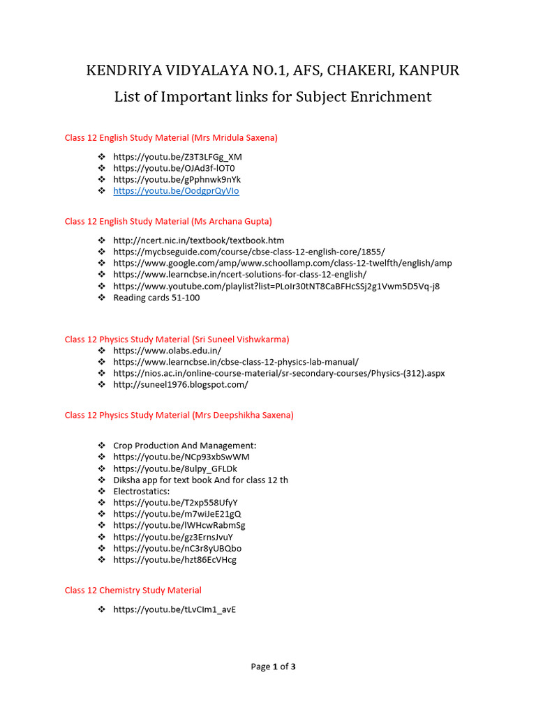 Class 12 Subject Enrichment Links | PDF | Science