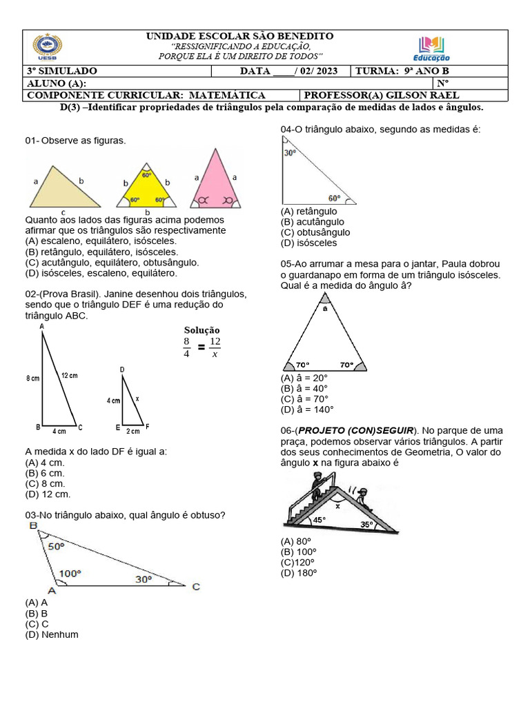 3º Simulado Saeb-2023 D | PDF | Triângulo | Geometria Elementar