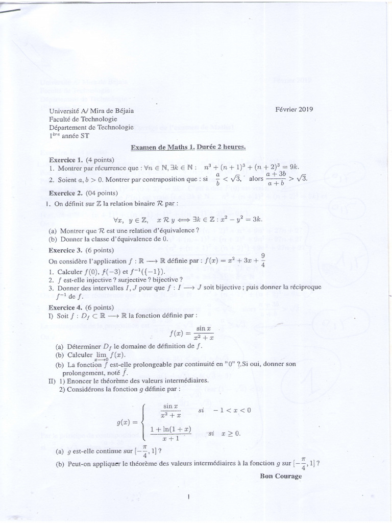 Sujet Et Corrigé Examen Maths1-2018-2019 | PDF | Analyses | Logique mathématique