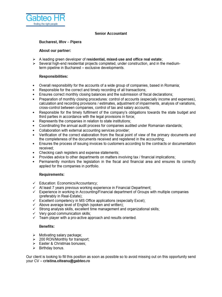 GABTEO HR - JD - Senior Accountant | PDF | Accounting | Audit