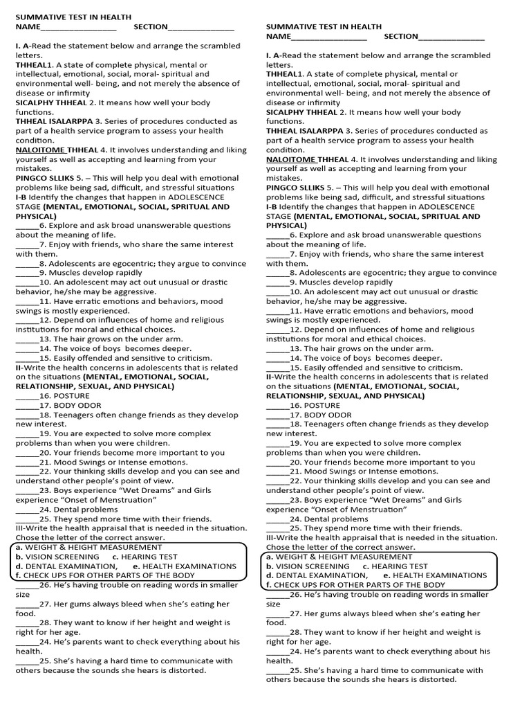 Summative Test in Mapeh Health | PDF | Adolescence | Emotions