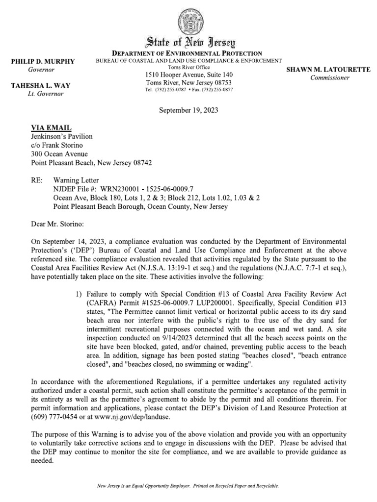 NJDEP Warning Letter To Jenkinson's Pavilion | PDF