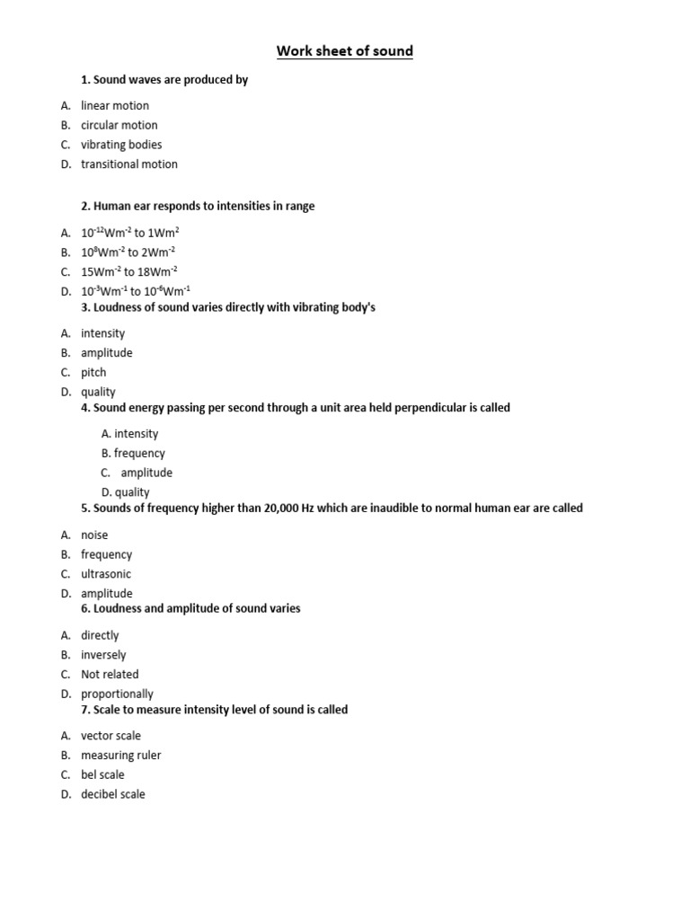 Work Sheet of Sound | PDF | Sound | Frequency