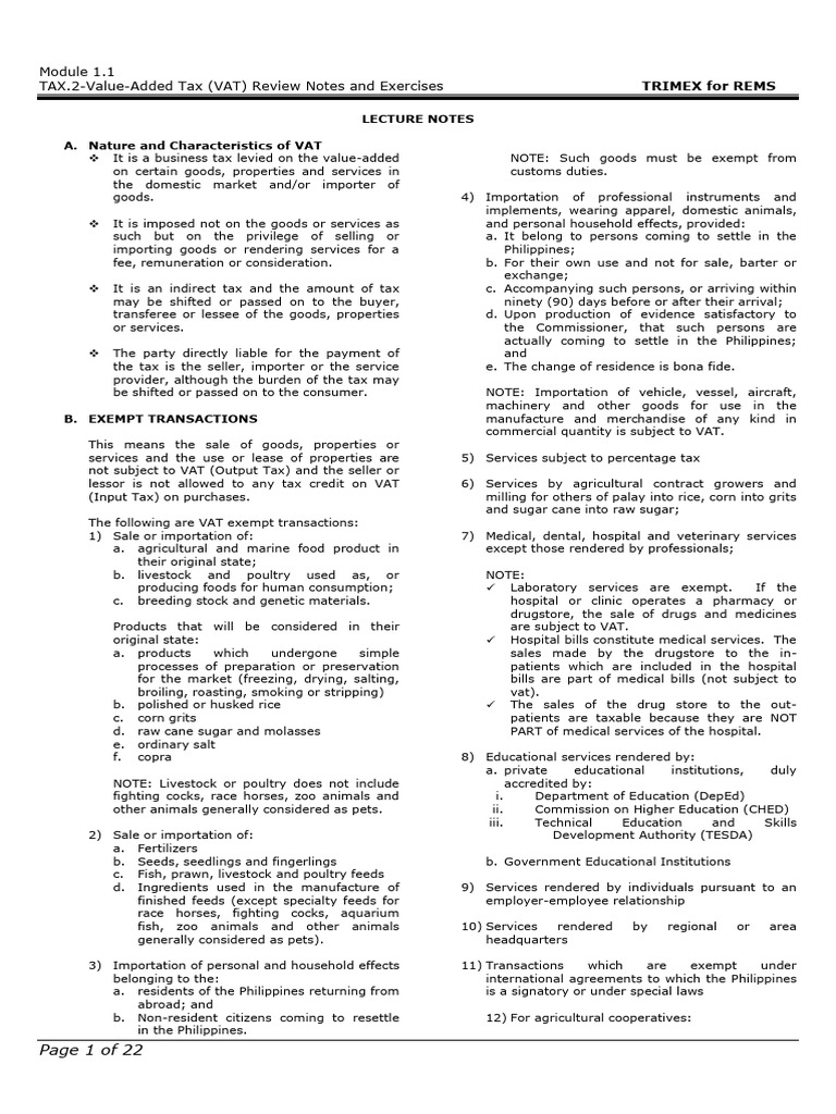 Module 1.1 - VAT Review Notes and Exercises | Download Free PDF | Value ...
