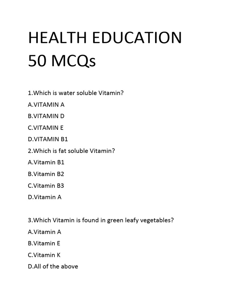 Health Education 50 MCQs__NKC__ (1) | PDF | Fat | Vitamin