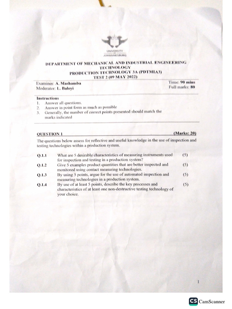 Production Technology 3A Test 2 | PDF