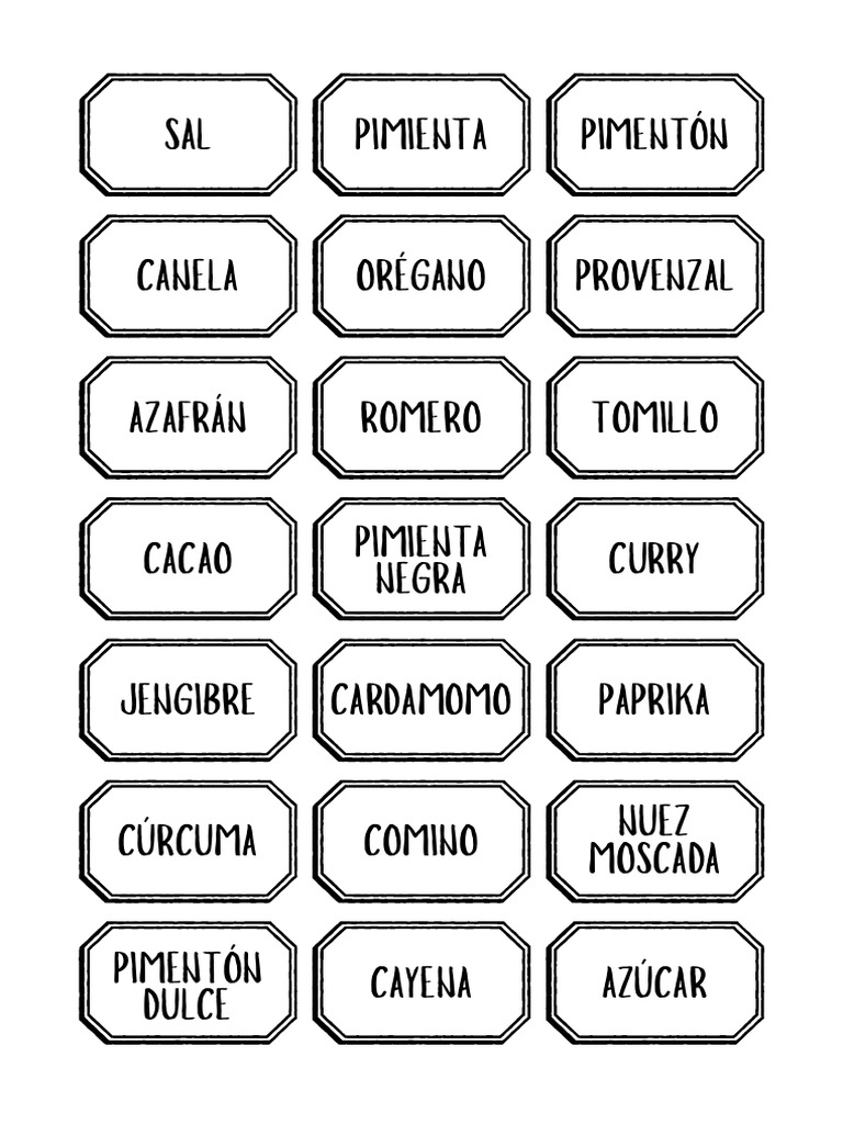 Documento A4 Etiquetas para Frascos Especias Simples Blanco | PDF